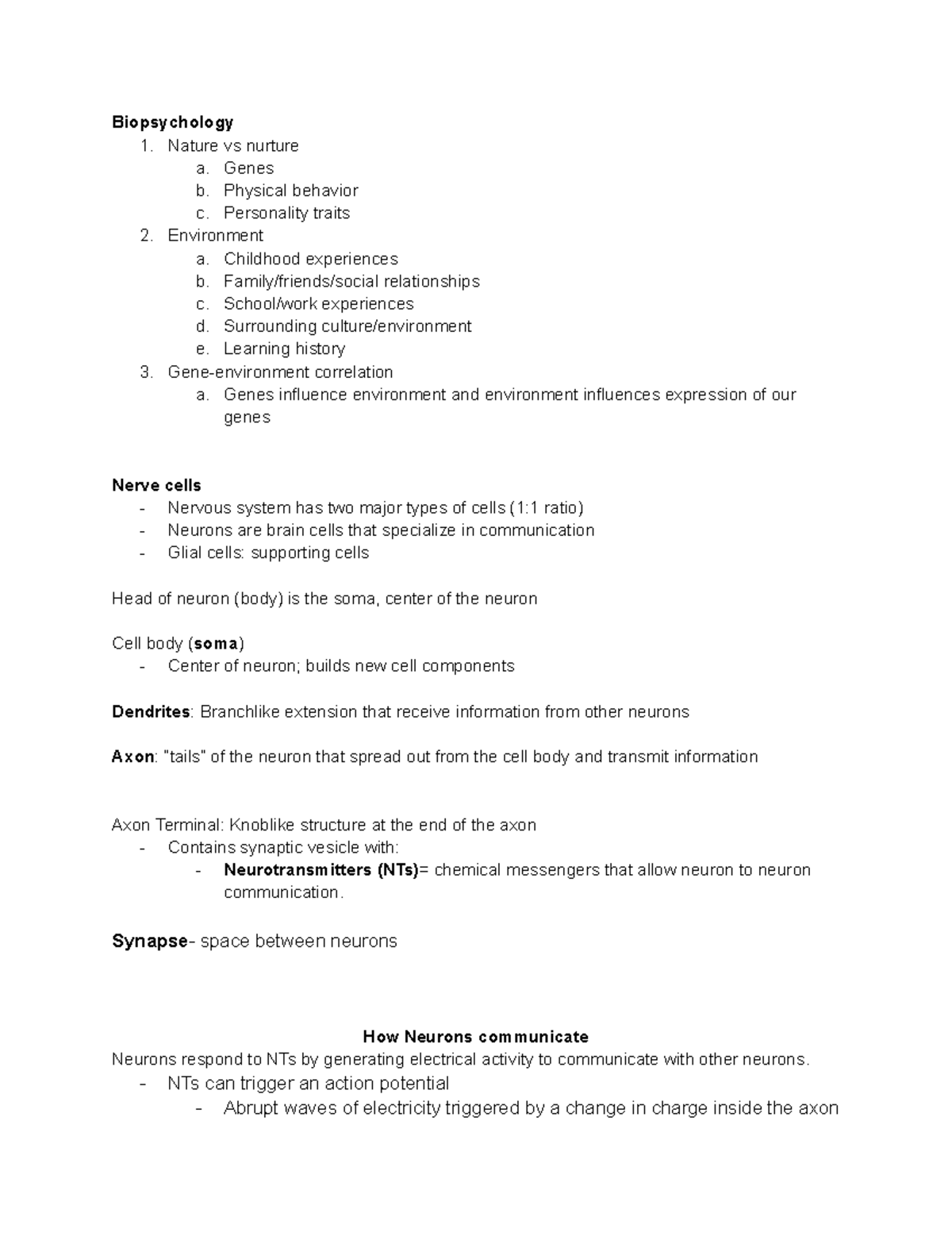 Psych Notes Exam 2- Tiffany Brown - Biopsychology 1. Nature vs nurture ...
