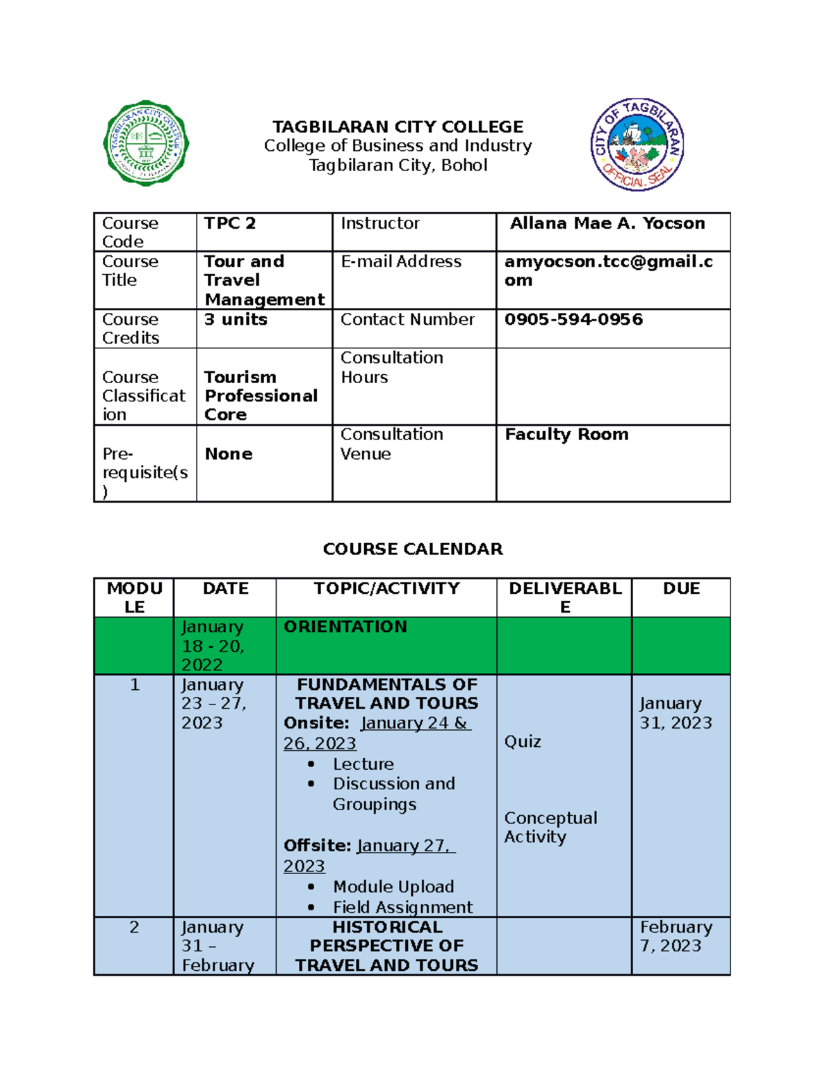 TTh-TPC-2 Course-Calendar-2022-2023 - TAGBILARAN CITY COLLEGE College ...