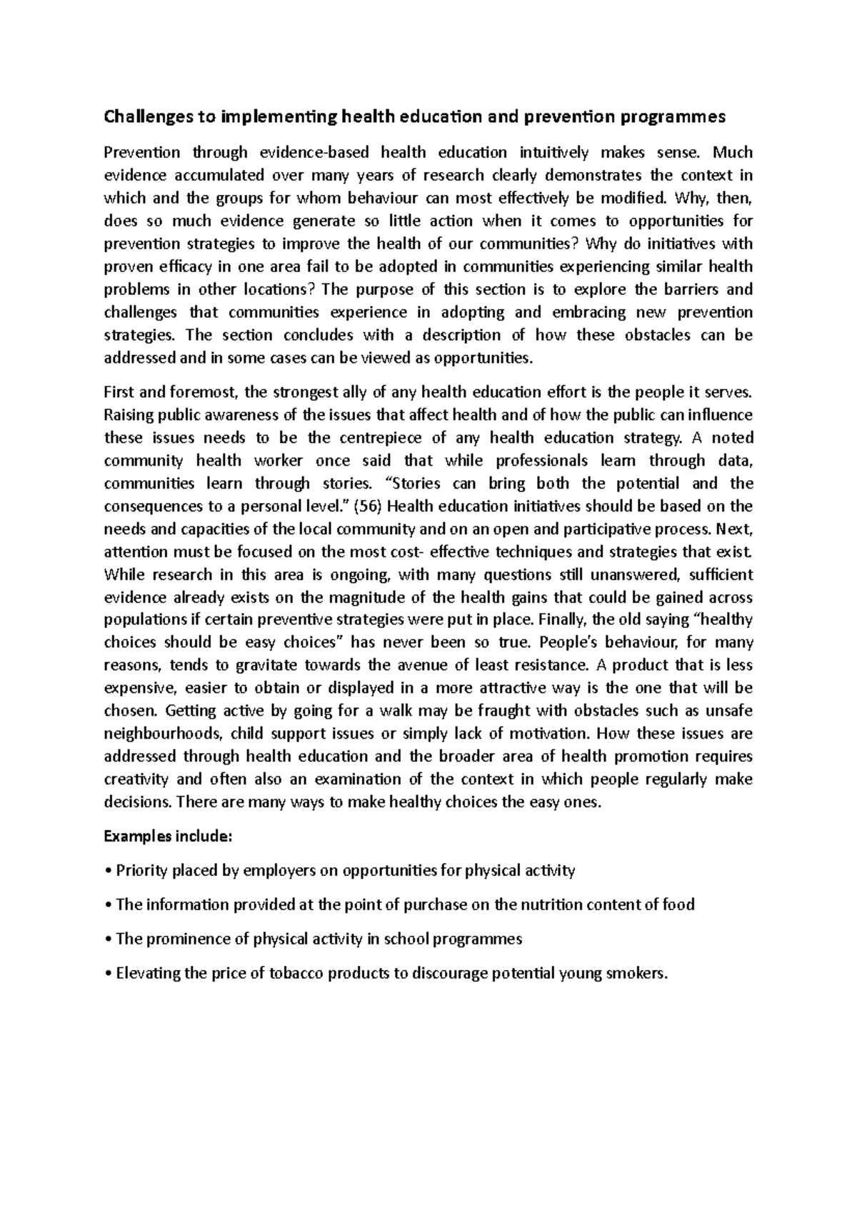 Challenges to implementing health education and prevention programmes ...