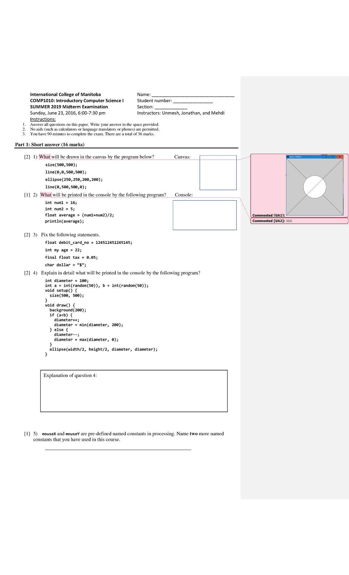 ICM COMP1010 Midterm S2019 Solution - International College of Manitoba Name: - Studocu
