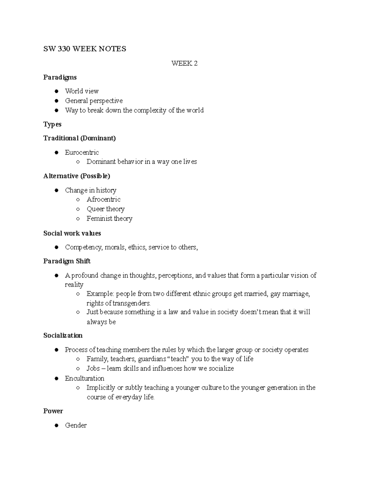 SW 330 WEEK Notes part 1 - This course was taught by Dr. Myrick. This ...