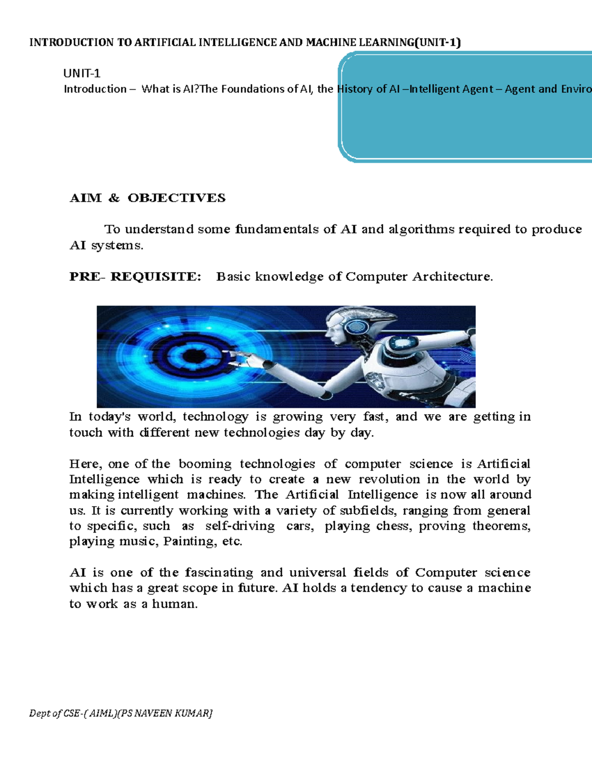 Artificial Intelligence(unit-1) - UNIT- Introduction – What is AI?The ...