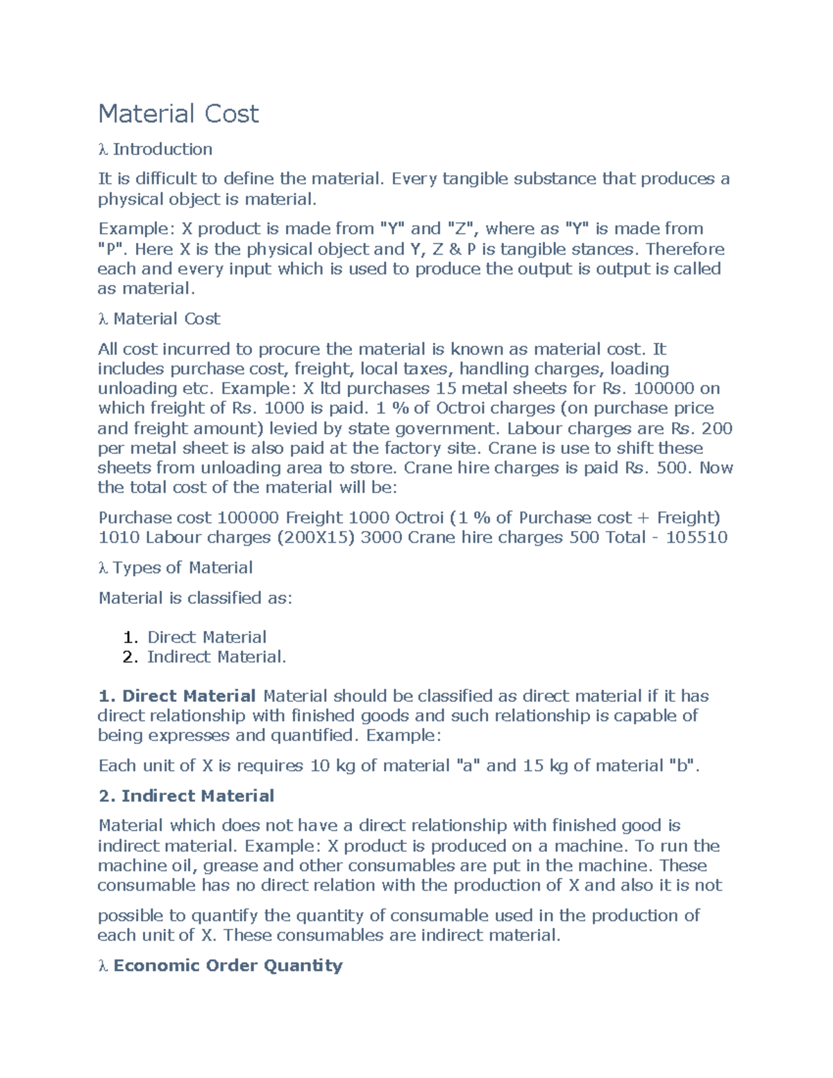Material Cost - lecture notes - Material Cost Introduction It is ...