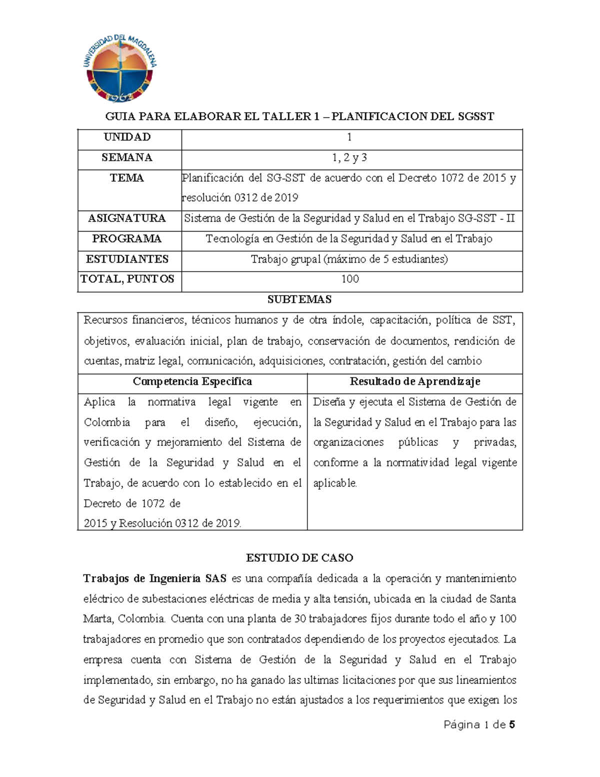 PLANIFICACION SST - GUIA PARA ELABORAR EL TALLER 1 – PLANIFICACION DEL ...