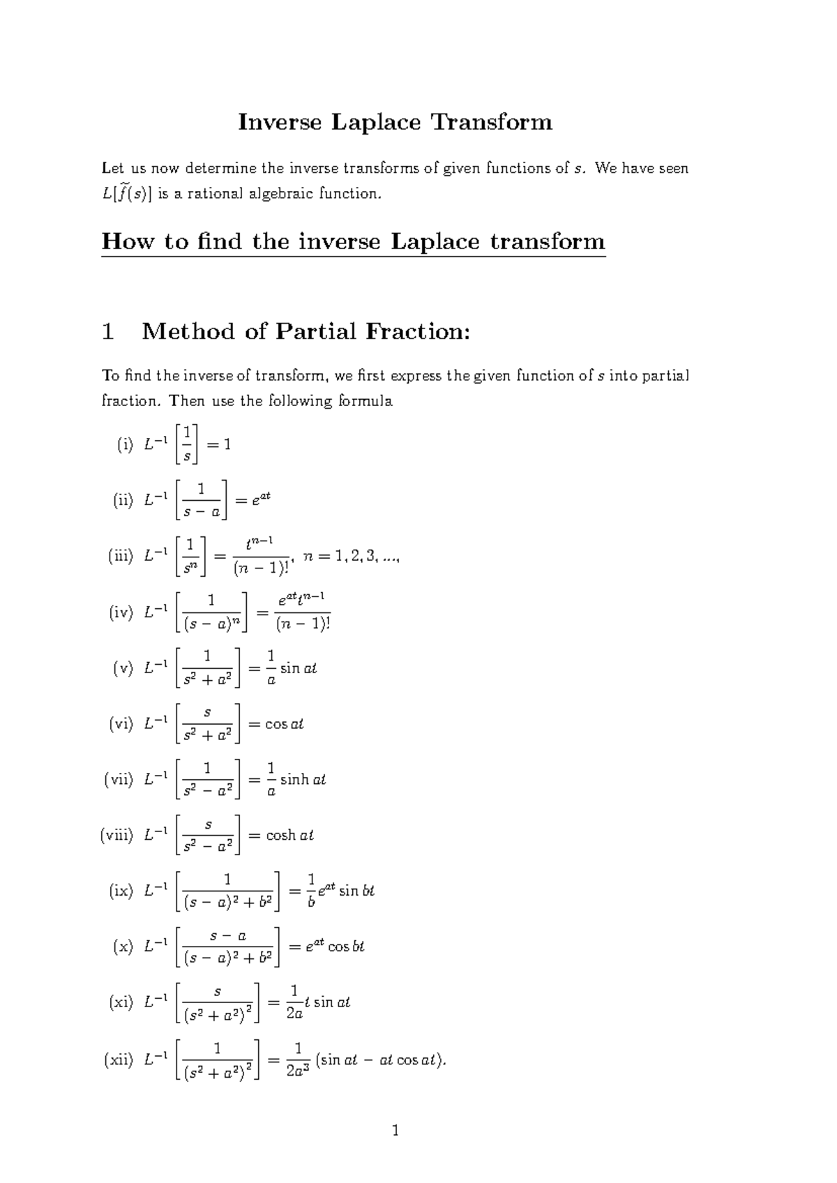 Lecture 1 Inverse Laplace Transform - Inverse Laplace Transform Let us now determine the inverse ...