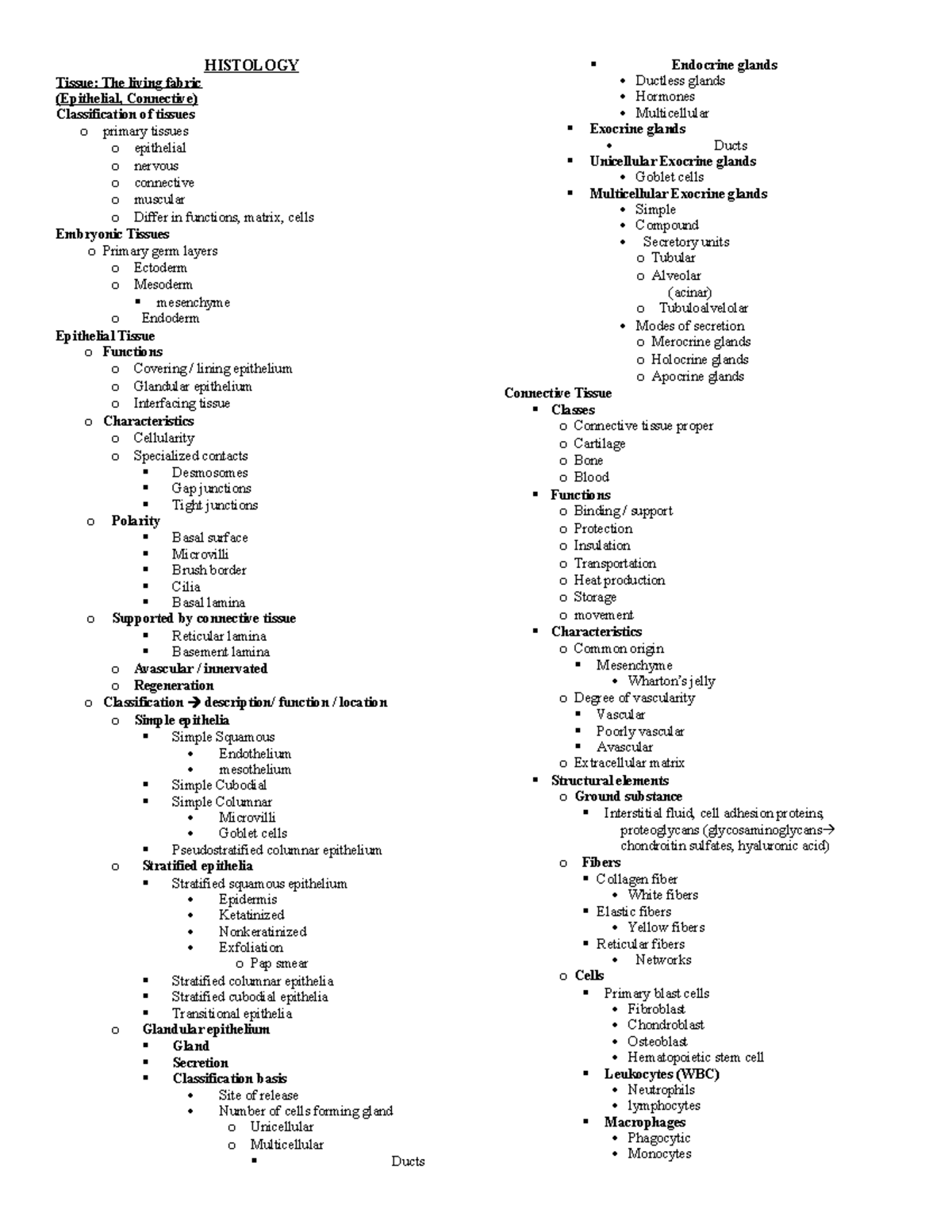 Histology study guide - Lecture notes 4 - HISTOLOGY Tissue: The living ...