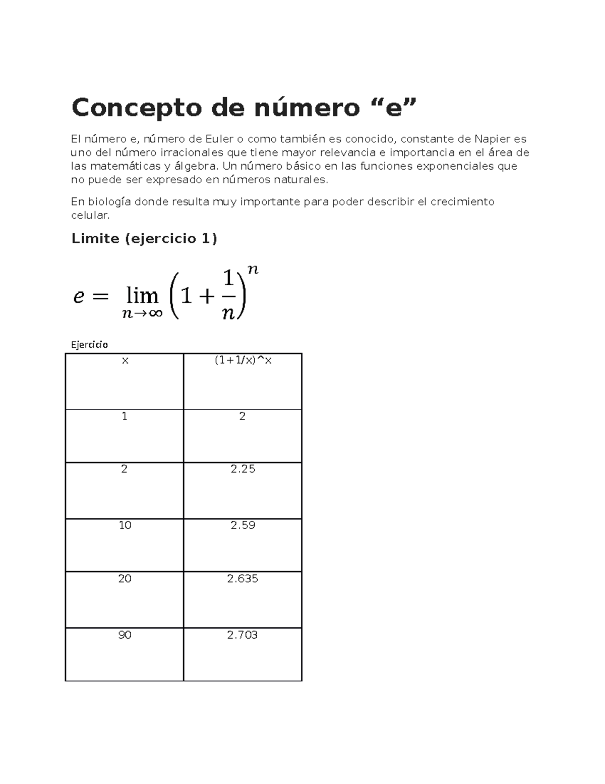 Apuntes sobre biomatematicas - Concepto de número “e” El número e ...
