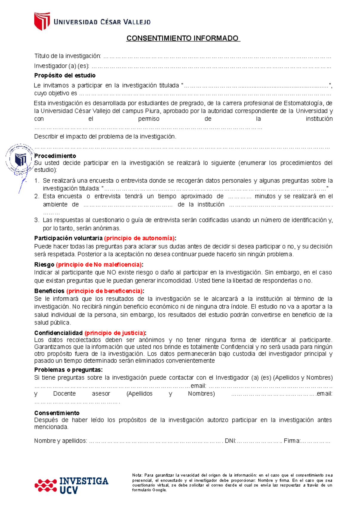 Consentimiento Informado UCV-2023 - CONSENTIMIENTO INFORMADO Título de ...