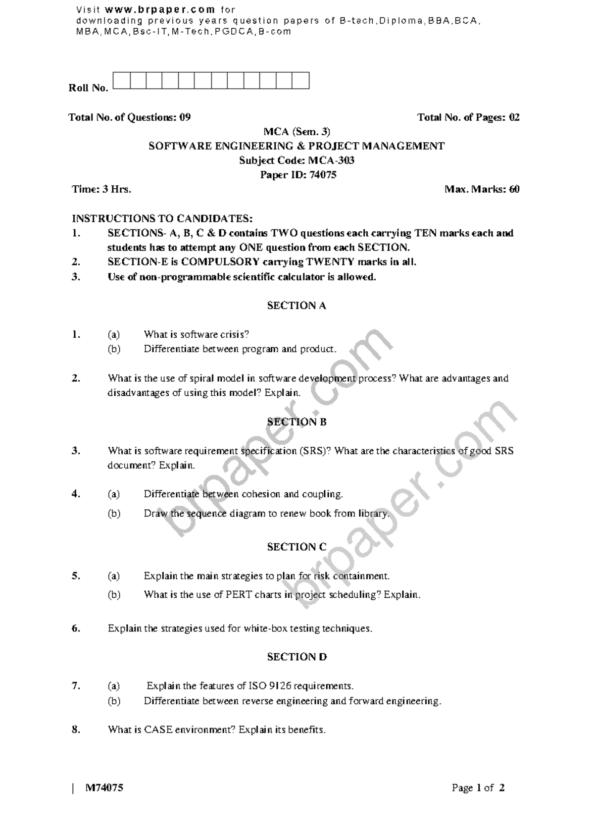 SEPM(3rd)Dec2017 - MCA stuff - | M74075 Page 1 of 2 Roll No. Total No ...