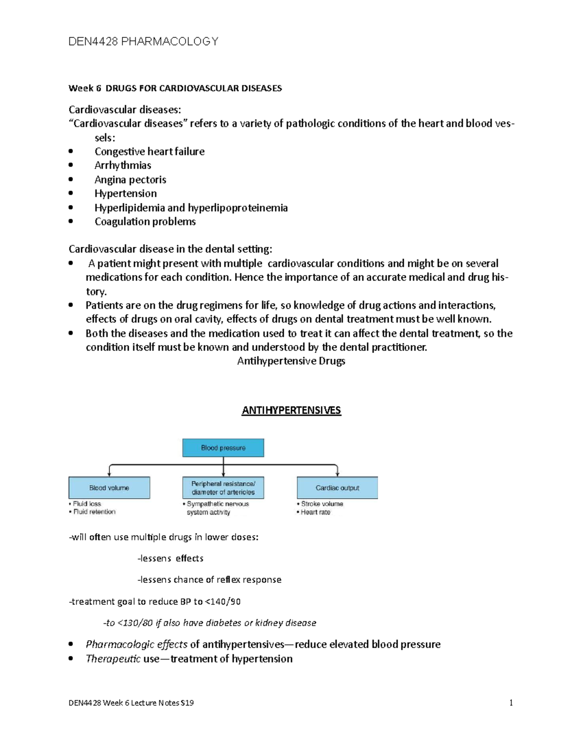 Pharm week 6- cardiovascular drugs - Week 6 DRUGS FOR CARDIOVASCULAR ...
