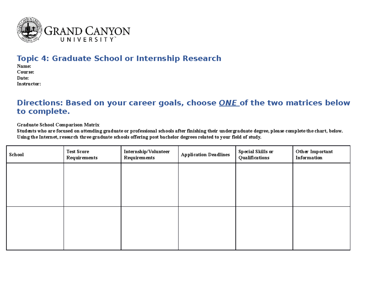 UNV 103 RS T4 Graduate Schoolor Internship Worksheet - Topic 4 ...