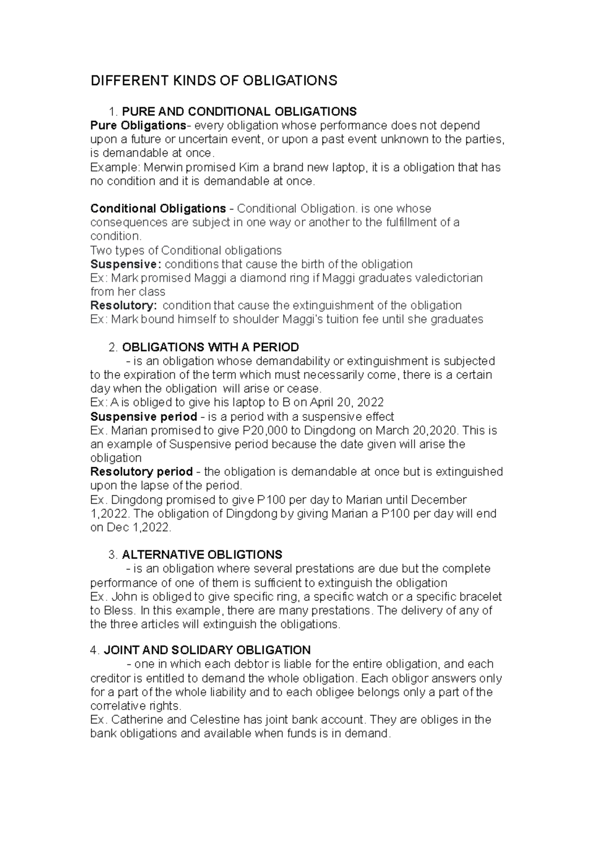 Different Kinds OF Obligations - DIFFERENT KINDS OF OBLIGATIONS 1. PURE ...