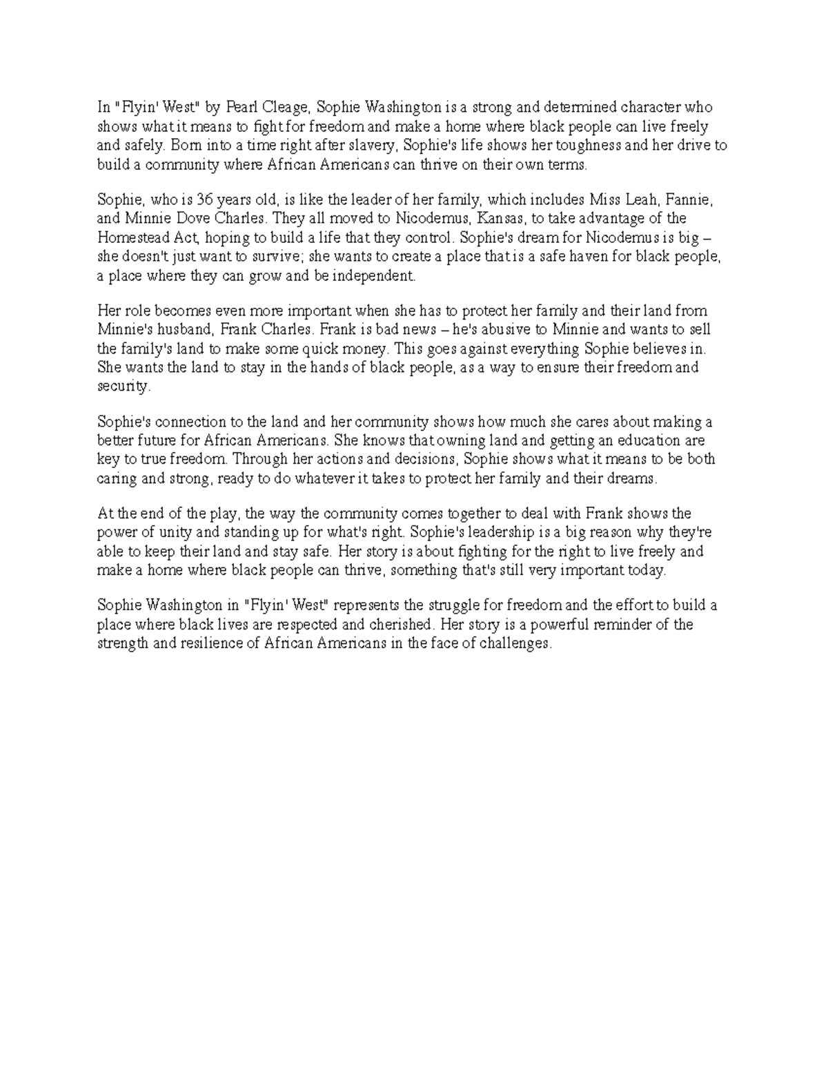 Flying West Character Analysis - In "Flyin' West" by Pearl Cleage ...