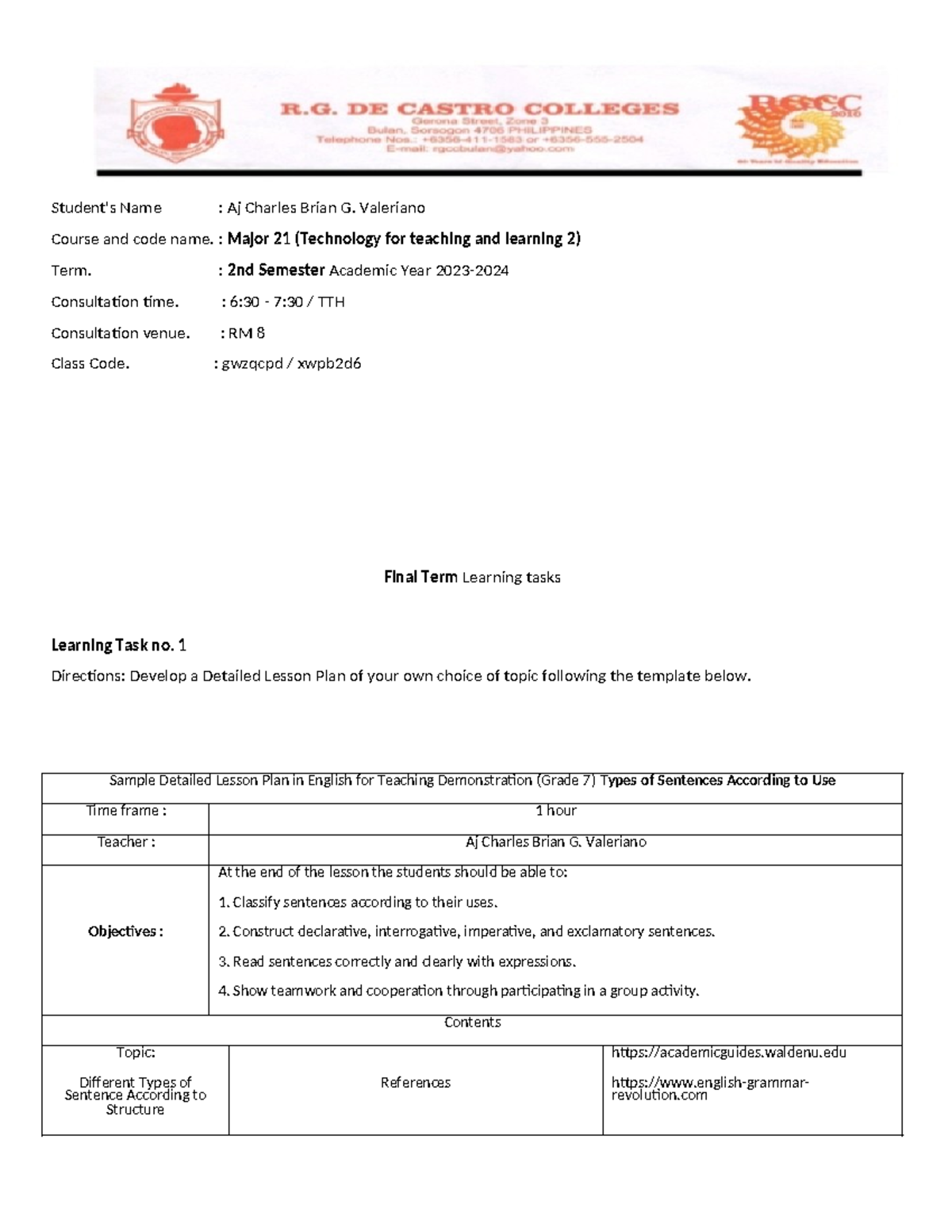 Lesson Plan - Student's Name : Aj Charles Brian G. Valeriano Course and ...