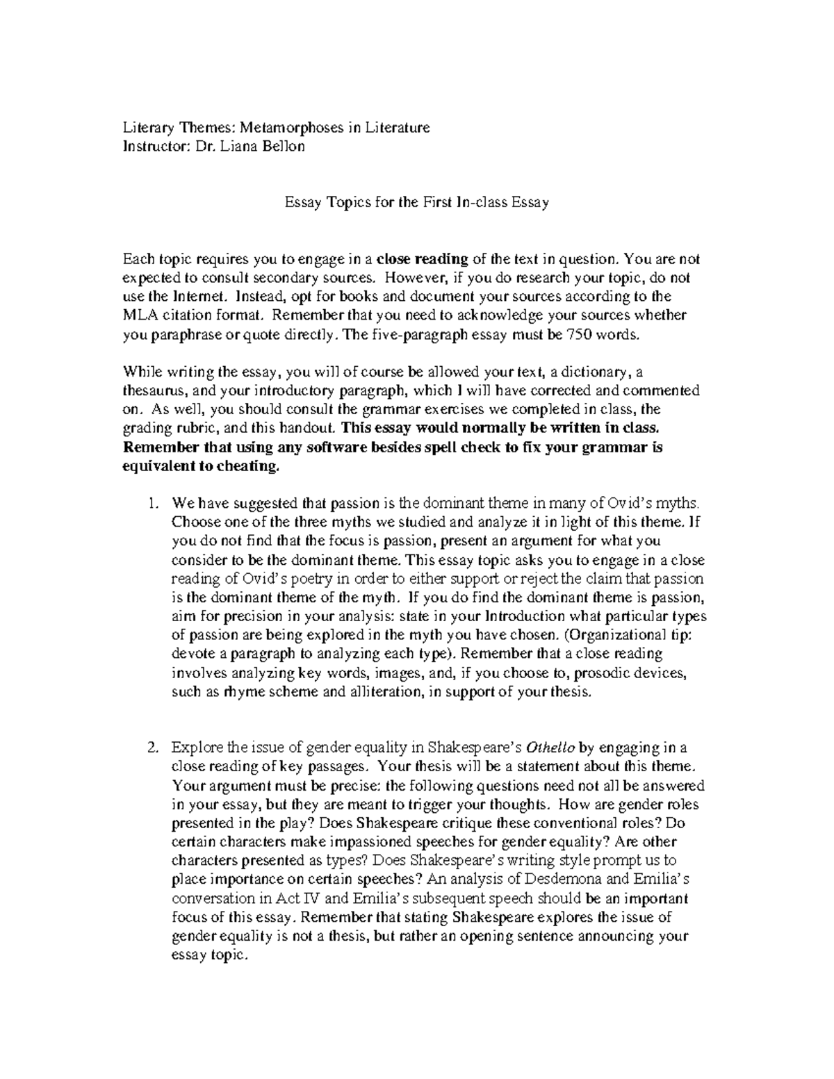 Essay Topics 1 - Literary Themes: Metamorphoses in Literature ...