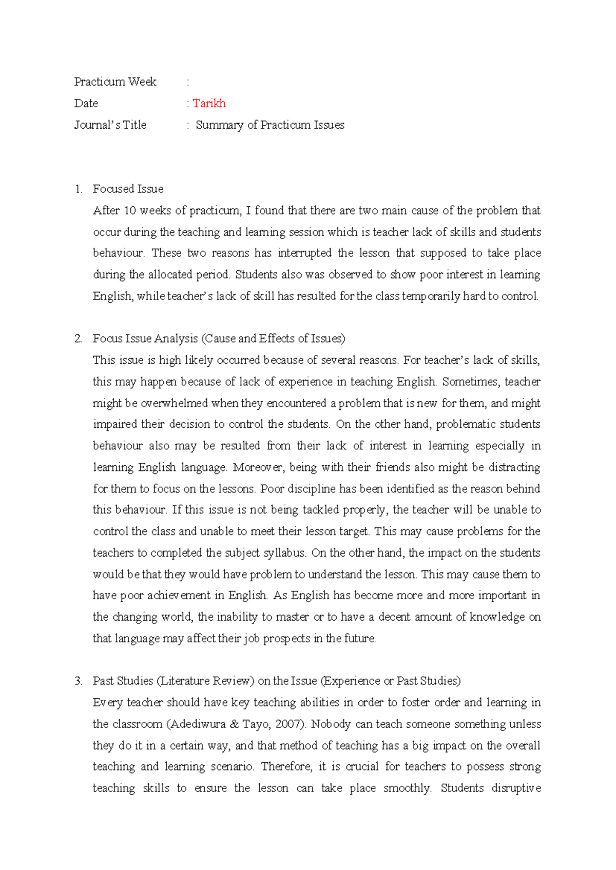 Sample Reflective Journal - Practicum Week : Date : Tarikh Journal’s ...