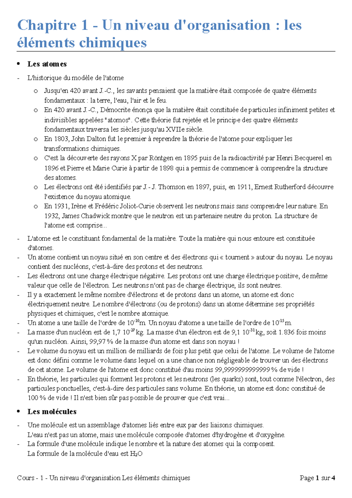 Cours - Un niveau d'organisation Les éléments chimiques - Chapitre 1 ...