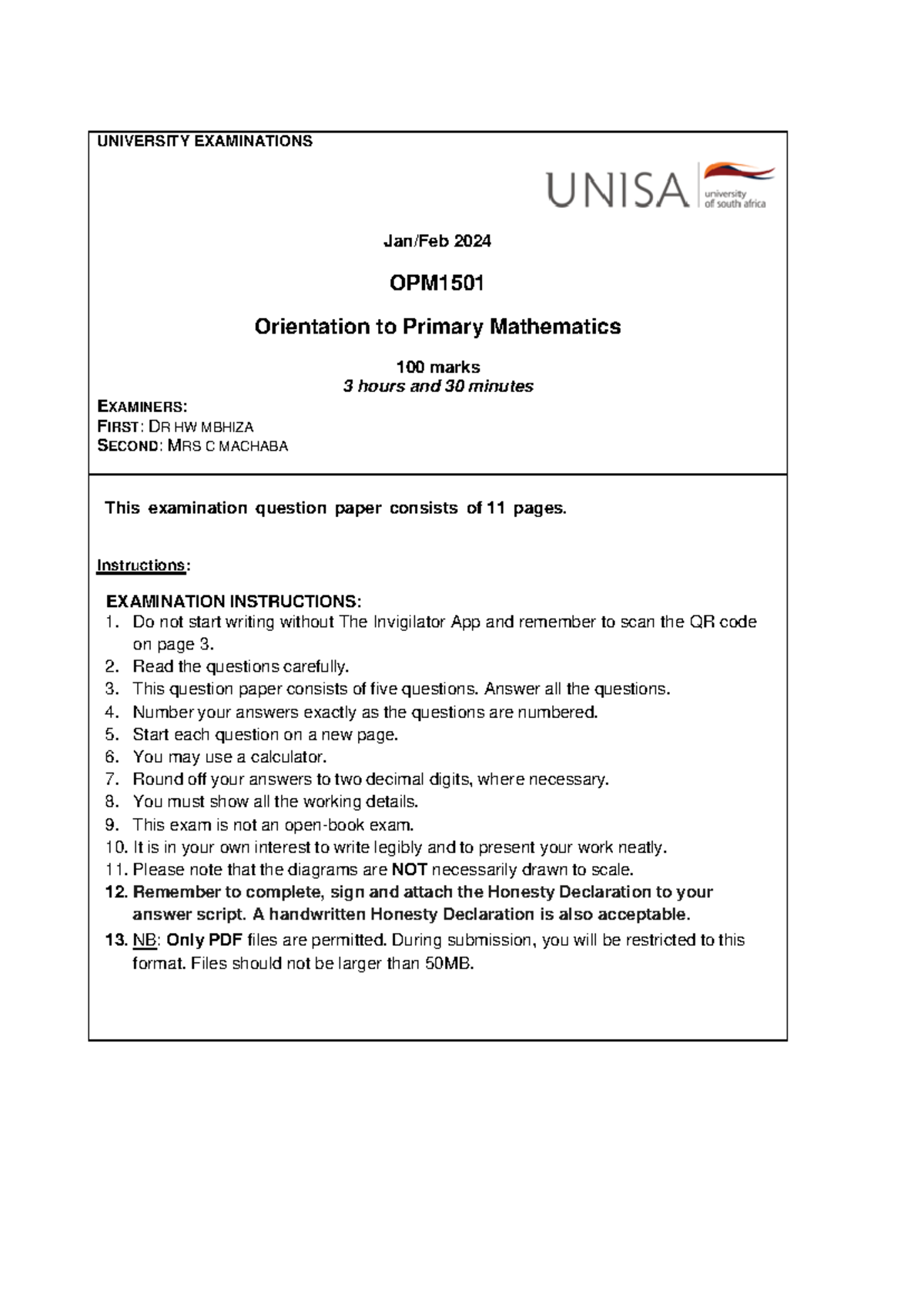 OPM1501 JAN 2024 (002) - UNIVERSITY EXAMINATIONS Jan/Feb 2024 OPM ...