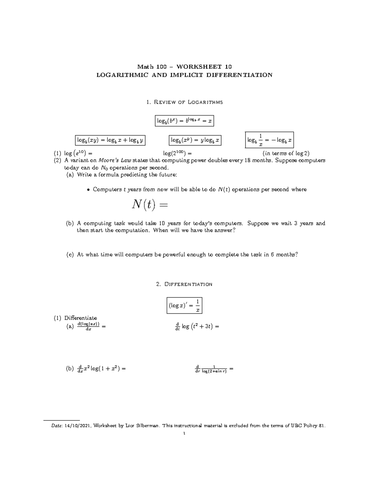 10 Logs Implicit worksheet - Math 100 – WORKSHEET 10 LOGARITHMIC AND ...