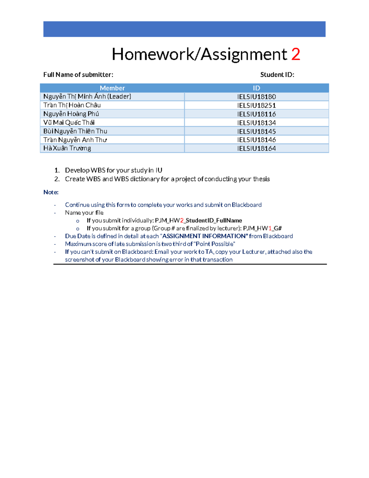 PJM HW2 G7 - Homework 2 - Project Management Lecturer: Tran Van Ly - Homework/Assignment 2 Full ...