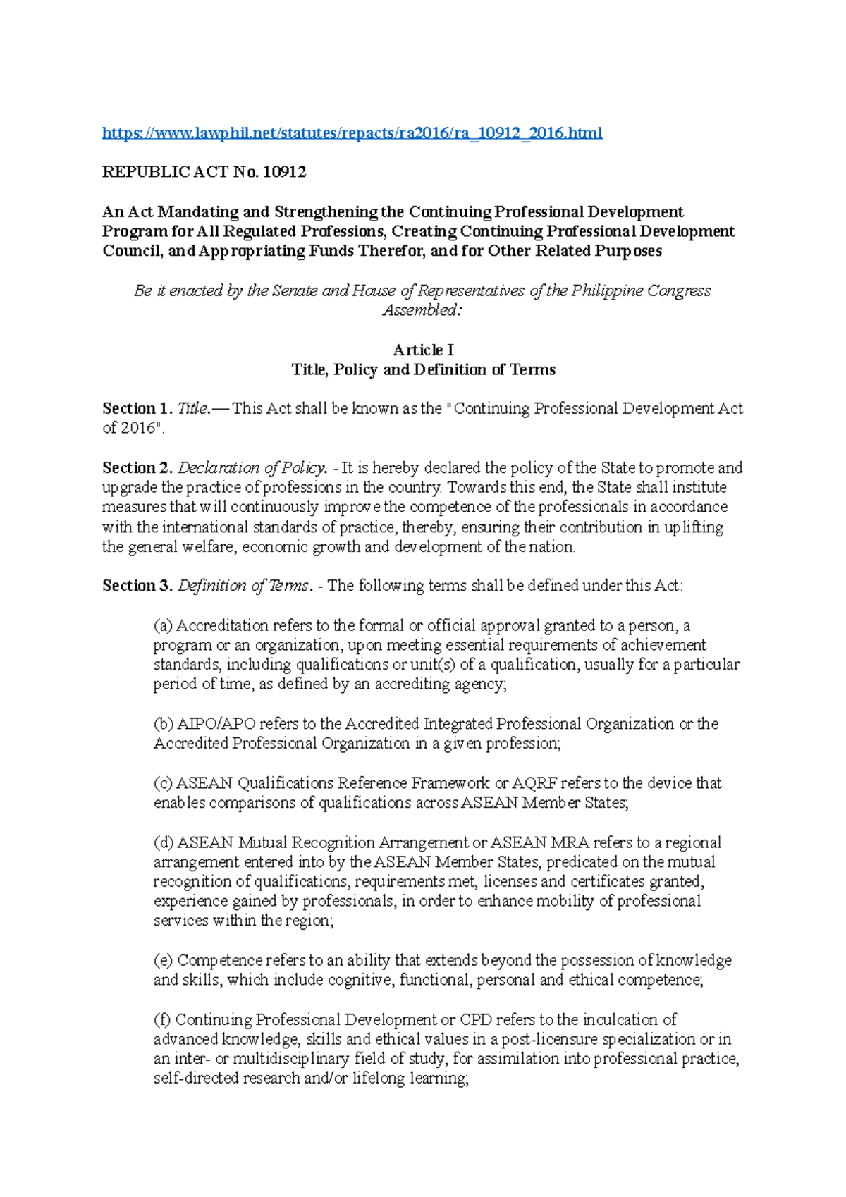 Republic ACT No. 10912 Continuing Professional Development Program for ...