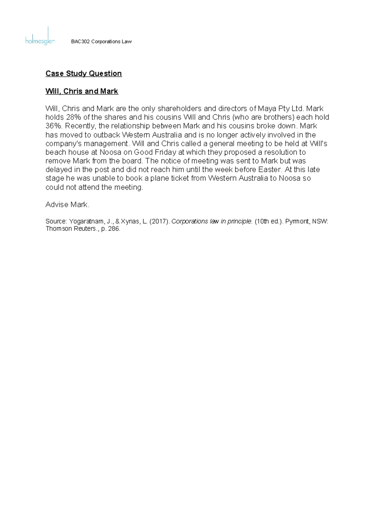CSQ-Will Chris Mark 2 - Study material - BAC302 Corporations Law Case ...