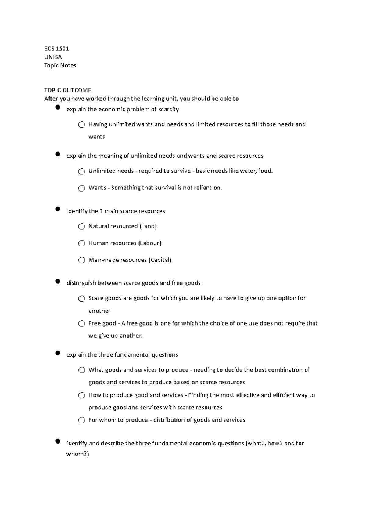 ECS 1501 - Topic 1 notes - ECS 1501 UNISA Topic Notes TOPIC OUTCOME ...
