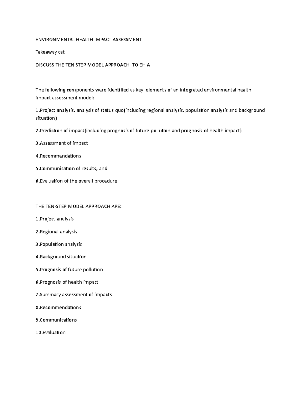 TEN STEP Model Approach TO EHIA - ENVIRONMENTAL HEALTH IMPACT ...