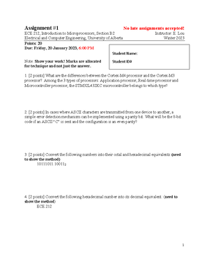 Assign 8 - N/A - Assignment ECE 212 LEC B1 (Introduction to Microprocessors) Dr. Hai Jiang - Studocu