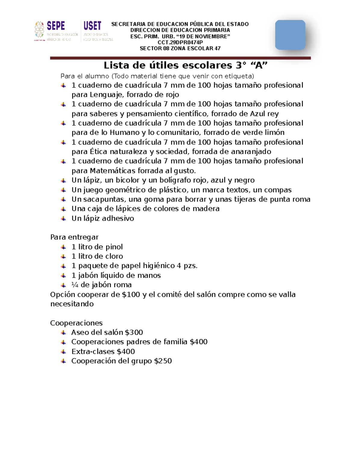 Lista de utiles 3a - SECRETARIA DE EDUCACION PÚBLICA DEL ESTADO ...