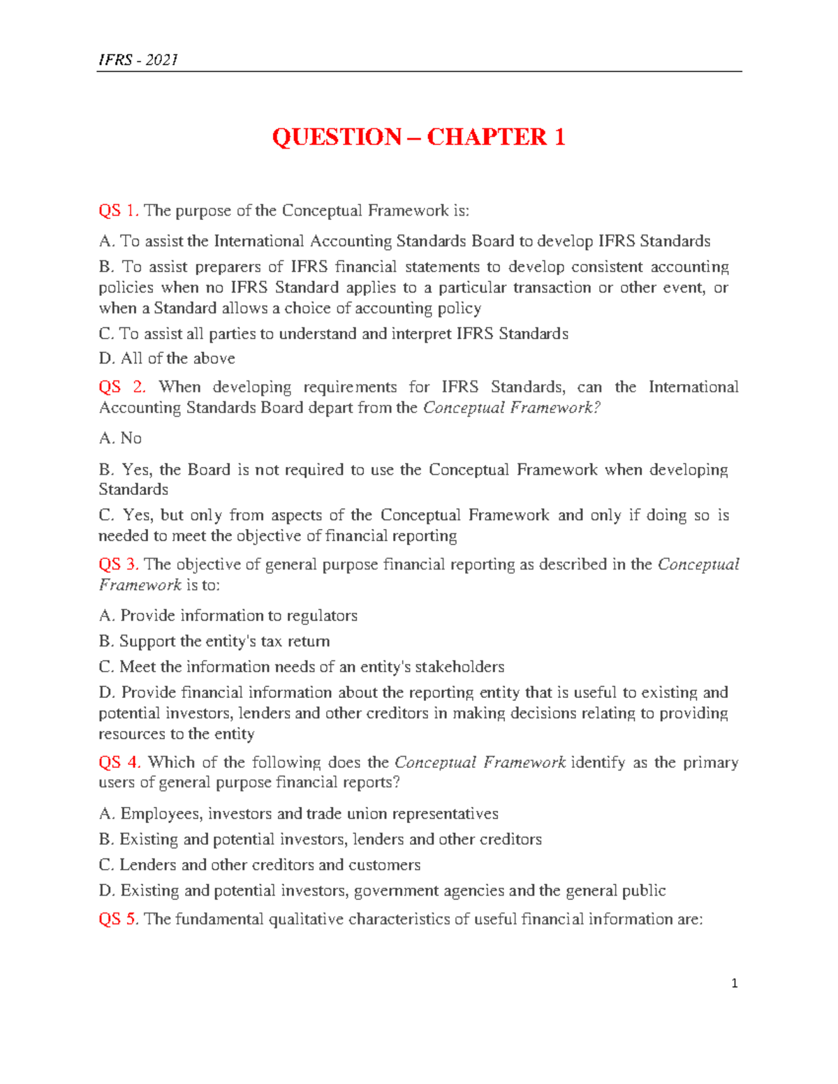 Question Chapter 1 - Bài ktra - IFRS - 2021 1 QUESTION – CHAPTER 1 QS 1 ...