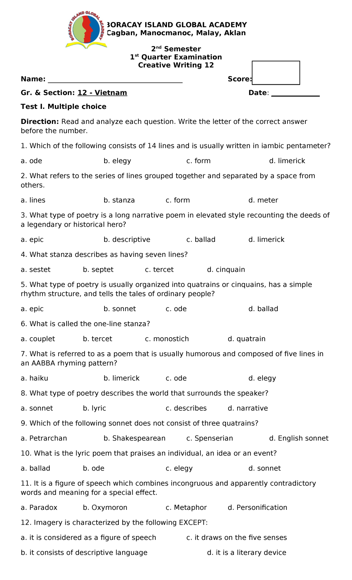 2nd sem 1 st quarter Creative writing - BORACAY ISLAND GLOBAL ACADEMY ...