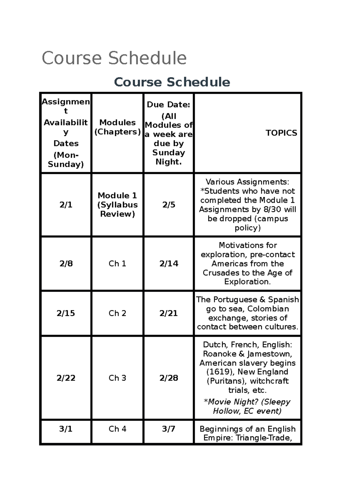 HIST 170 Course Schedule - Course Schedule Course Schedule Assignmen t ...