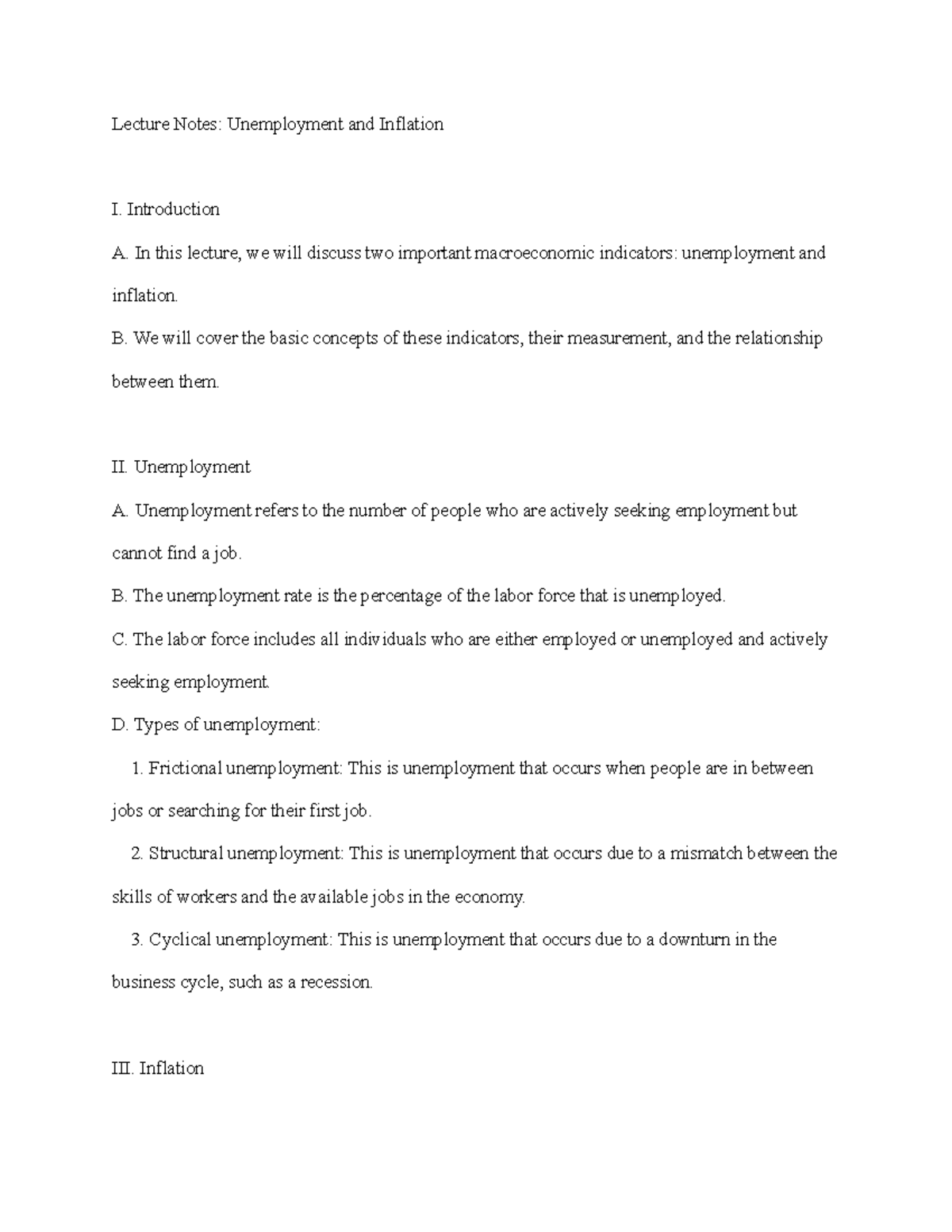 Lecture Notes Unemployment and Inflation - Introduction A. In this ...