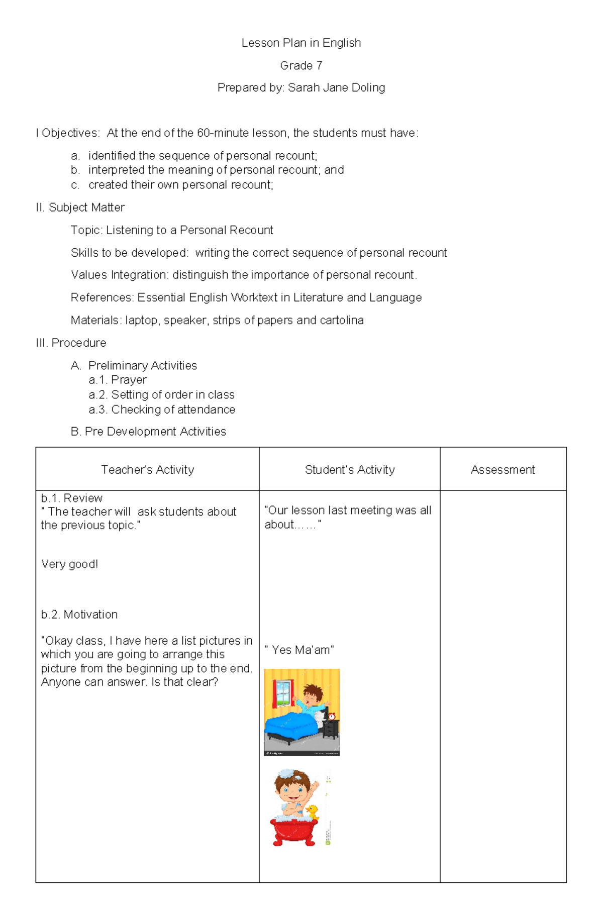 Lesson Plan Grade 7sarah - Lesson Plan in English Grade 7 Prepared by ...
