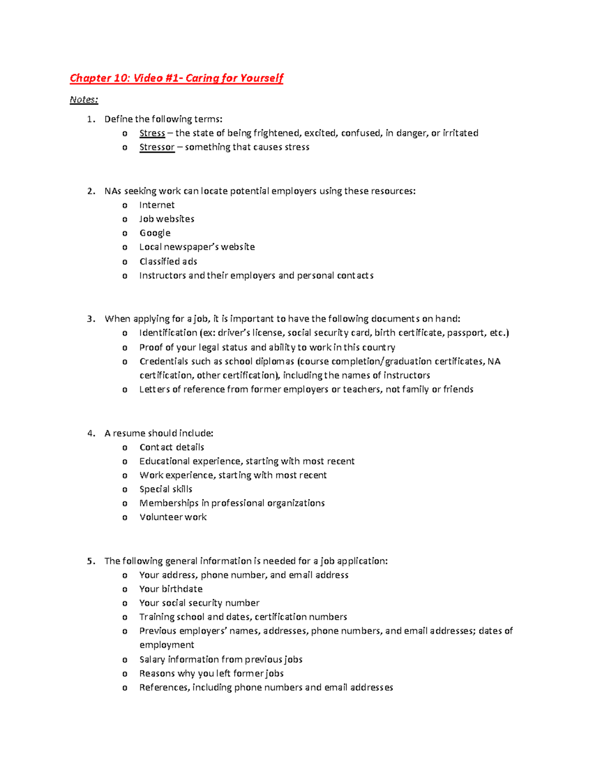 CNA Chap 10 Video - Lecture notes 10 - Chapter 10: Video #1- Caring for ...