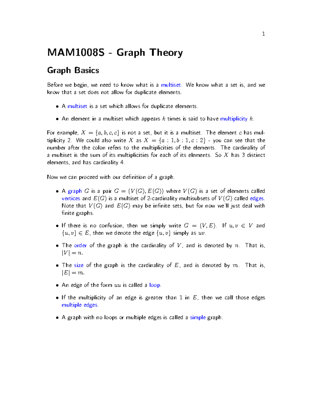 MAM1008S Graph Theory Notes - MAM1008S - Graph Theory Graph Basics ...