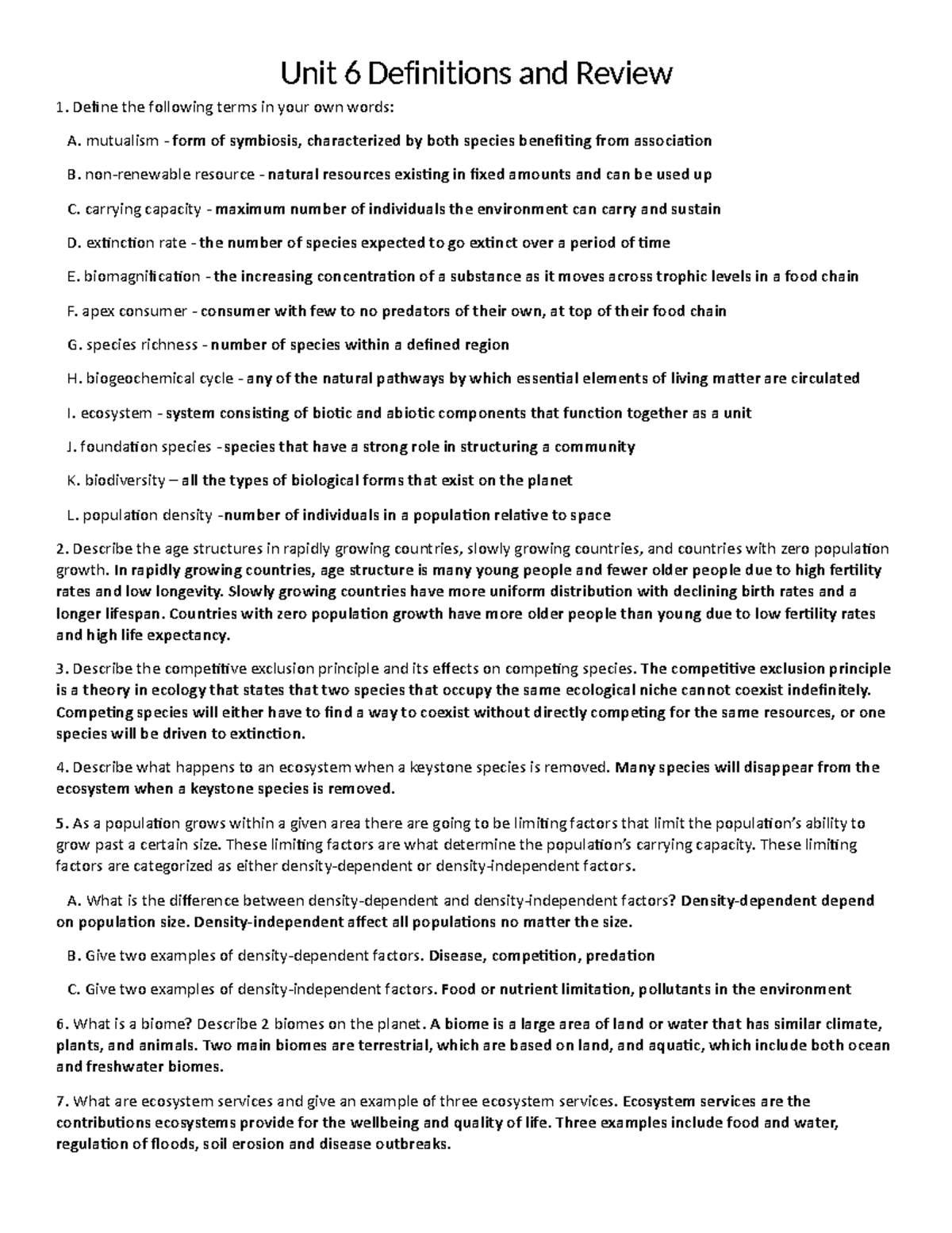 Unit 6 Definitions and Review - Unit 6 Definitions and Review Define ...