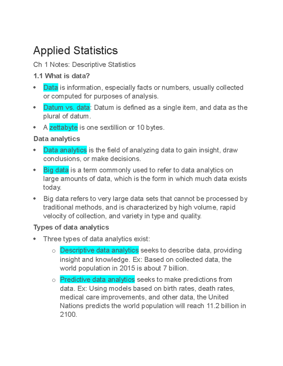 Applied Statistics module 1 notes - Applied Statistics Ch 1 Notes ...