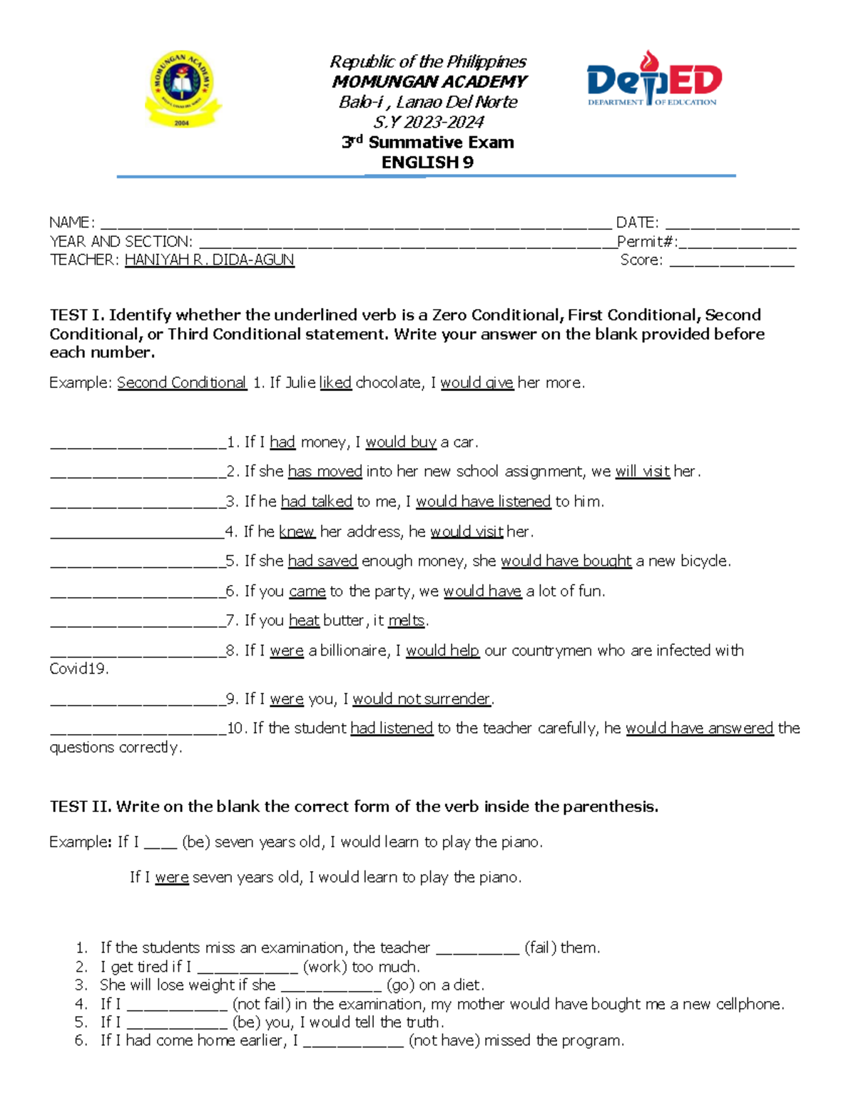 3rd summative exam Grade 9 - Republic of the Philippines MOMUNGAN ...