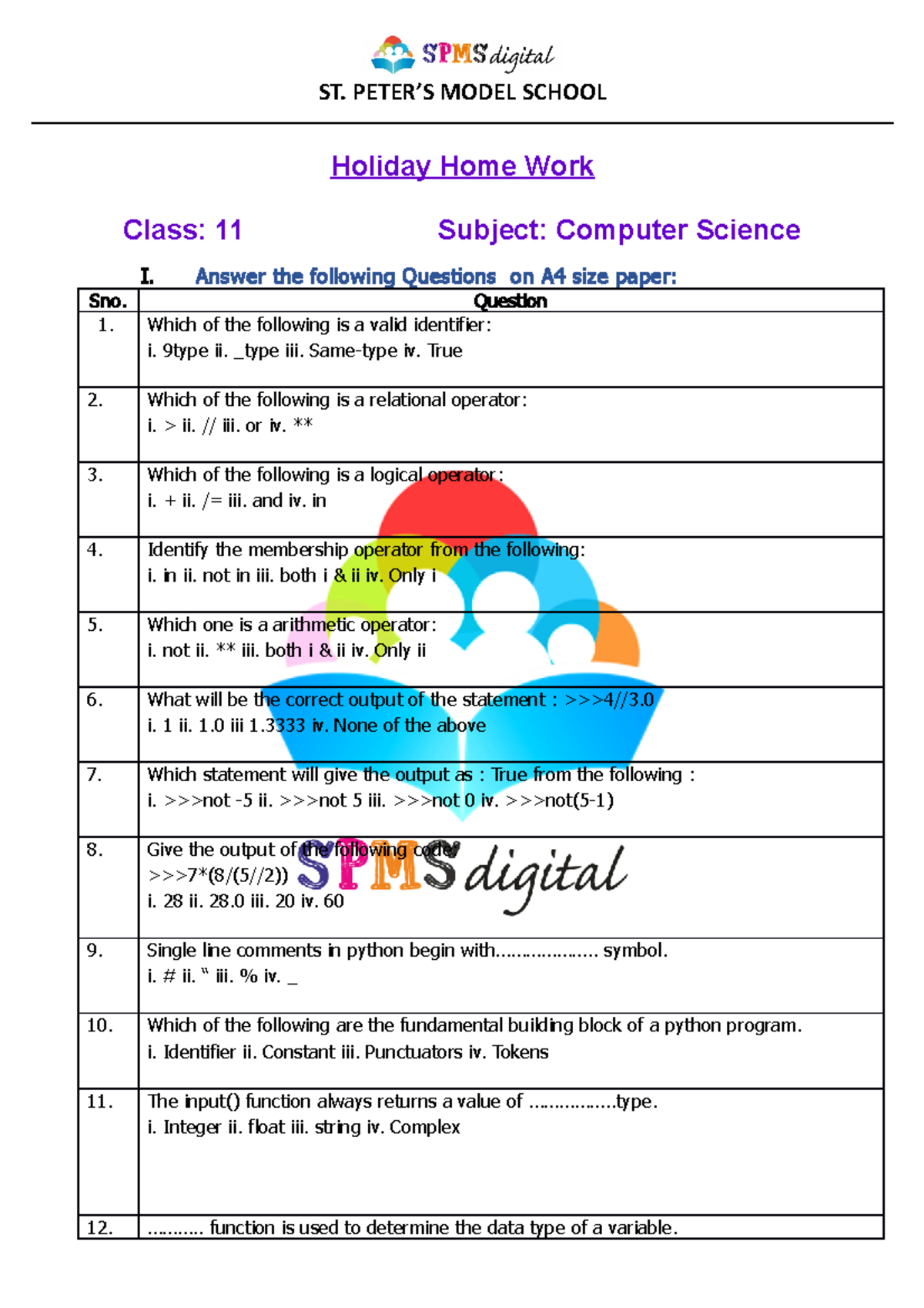 Class 11 CS Holiday Homework - ST. PETER’S MODEL SCHOOL Holiday Home ...