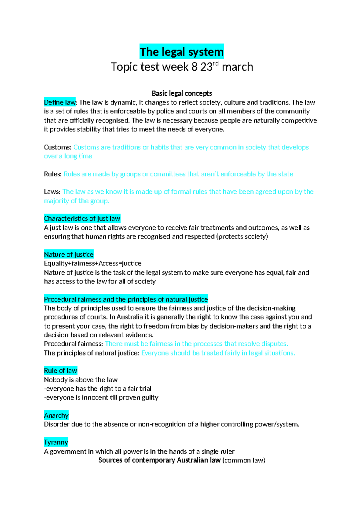 The legal system - The legal system Topic test week 8 23 rd march Basic ...