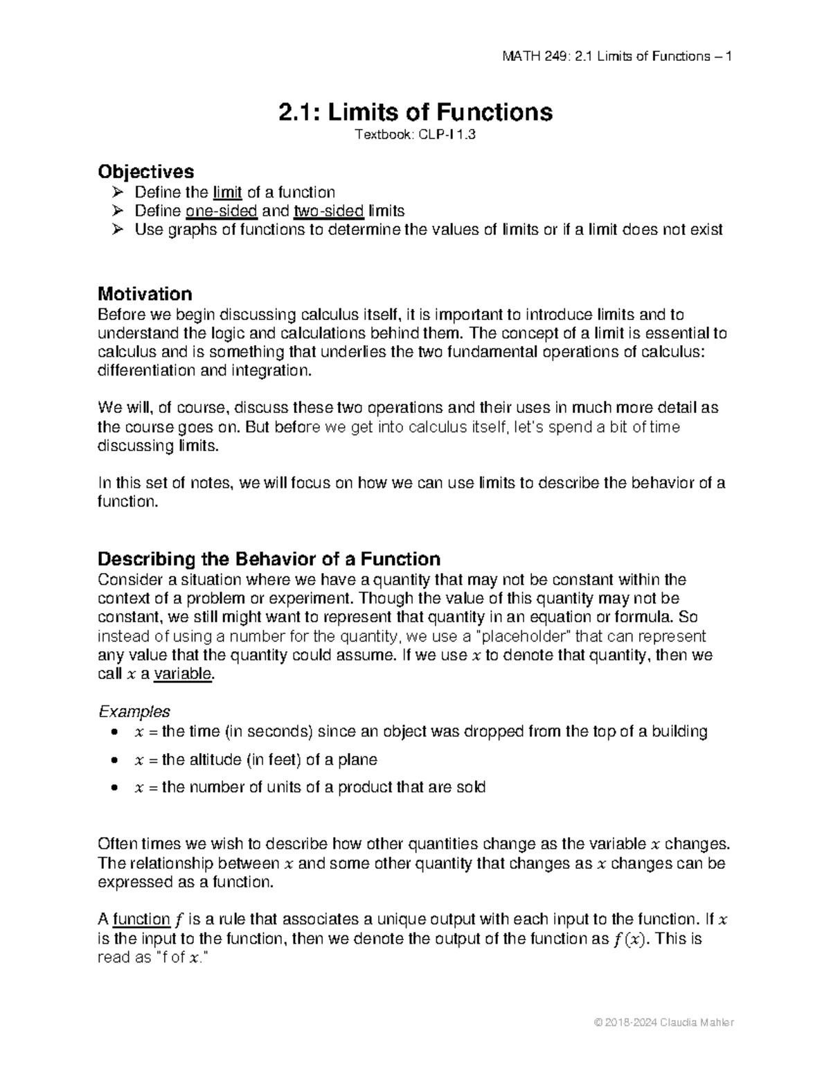 21 Limits Of Functions 2 1 Limits Of Functions Textbook Clp I 1 Objectives Define The