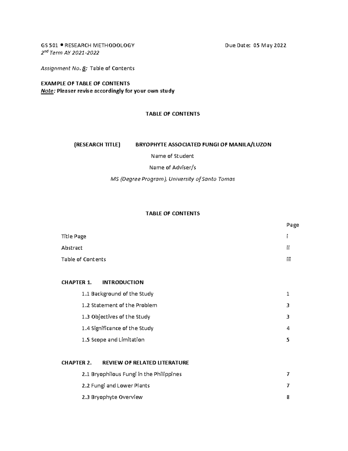 Template Table of Contents - GS 501 RESEARCH METHODOLOGY Due Date: 05 ...