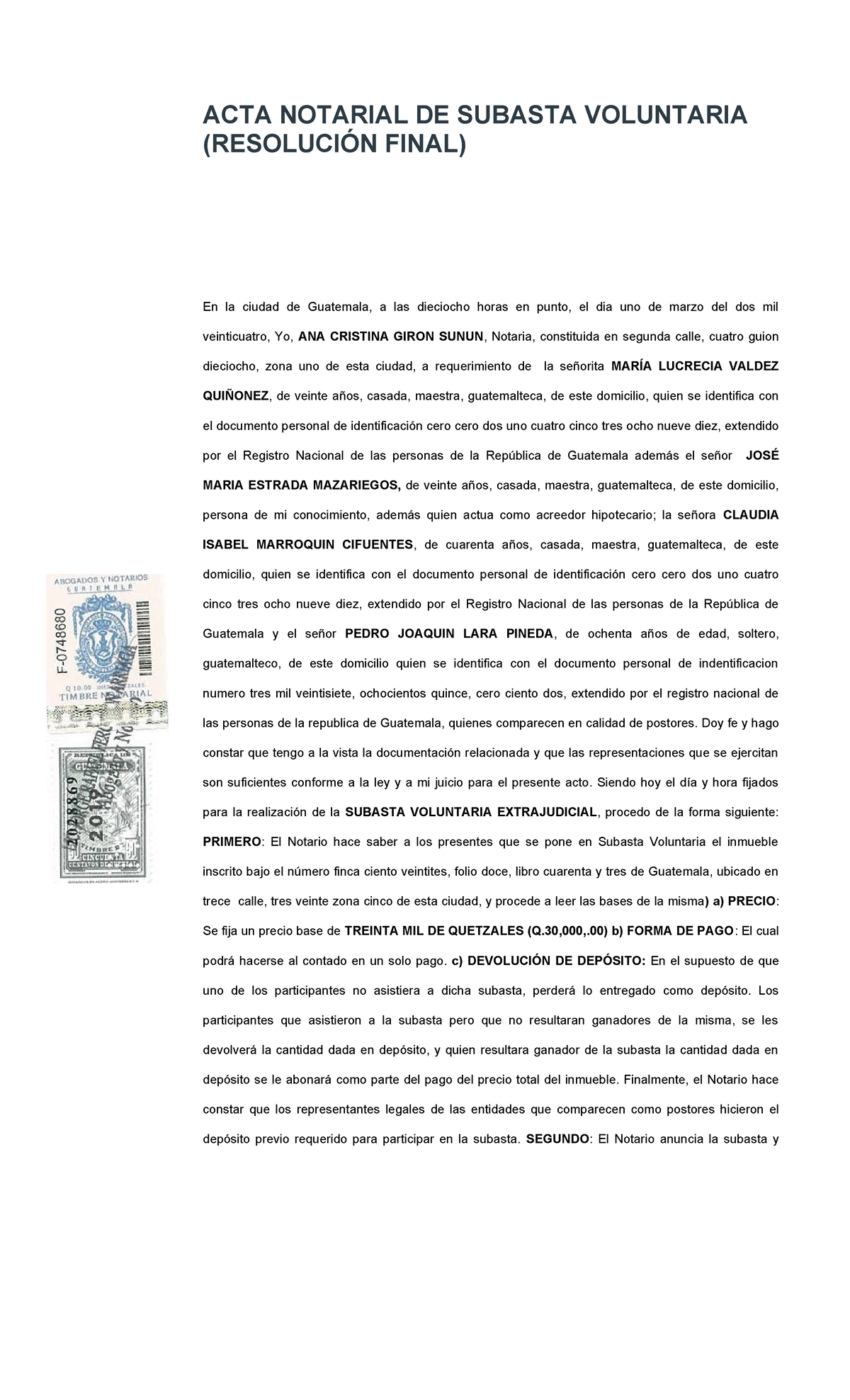 ACTA Notarial DE Subasta - ACTA NOTARIAL DE SUBASTA VOLUNTARIA ...