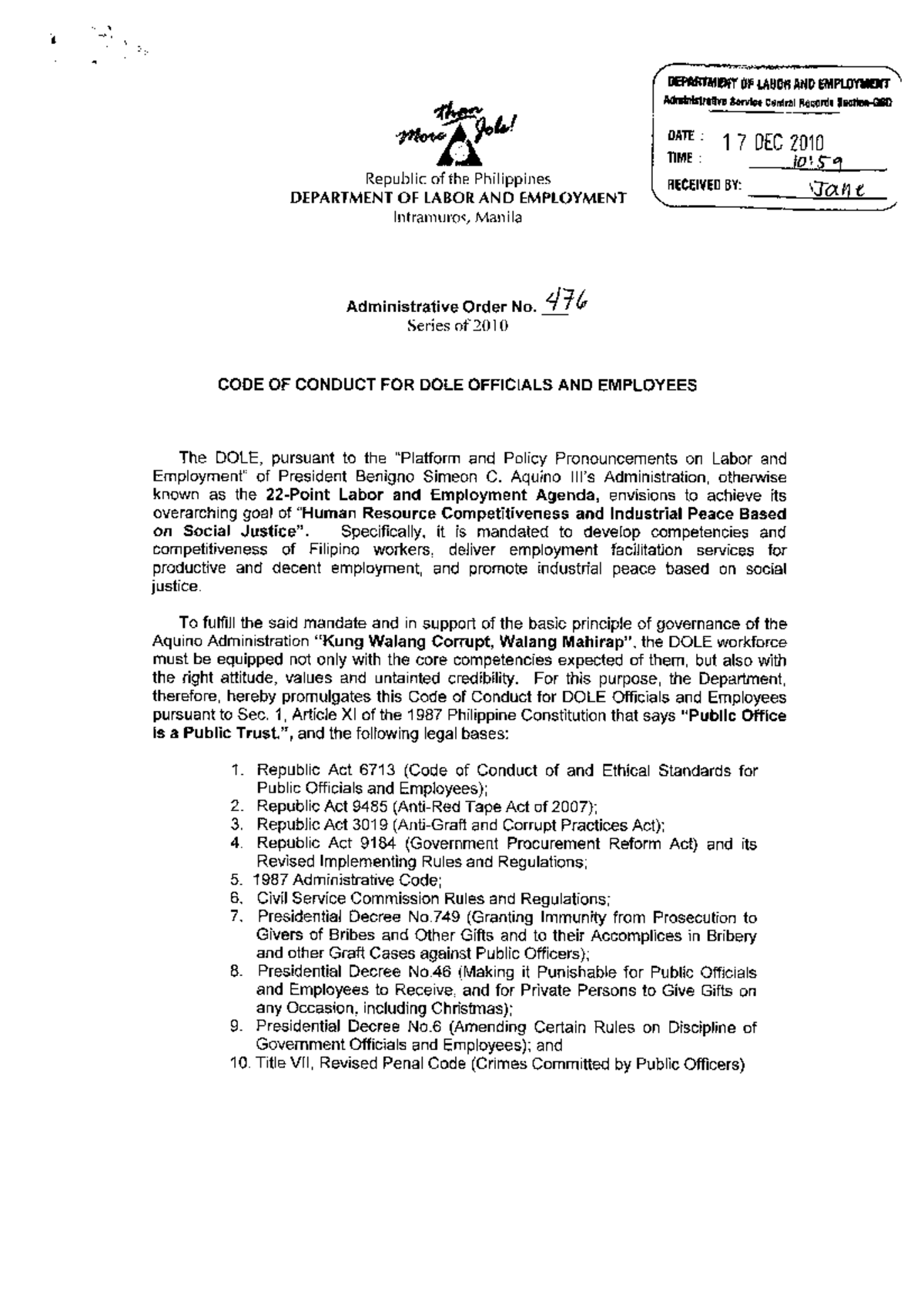 DOLE Code of Conduct - laws - DEPARTMENT OF LABOR AND EMPLOYMENT than ...