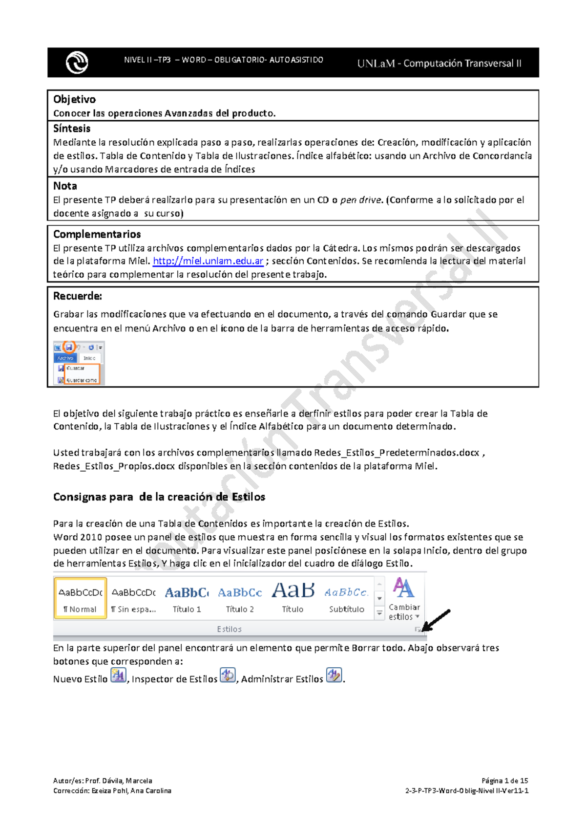 2 3 P TP3 Word Oblig Nivel II Ver11 1 - Autor/es: Prof. Dávila, Marcela Objetivo Conocer las ...