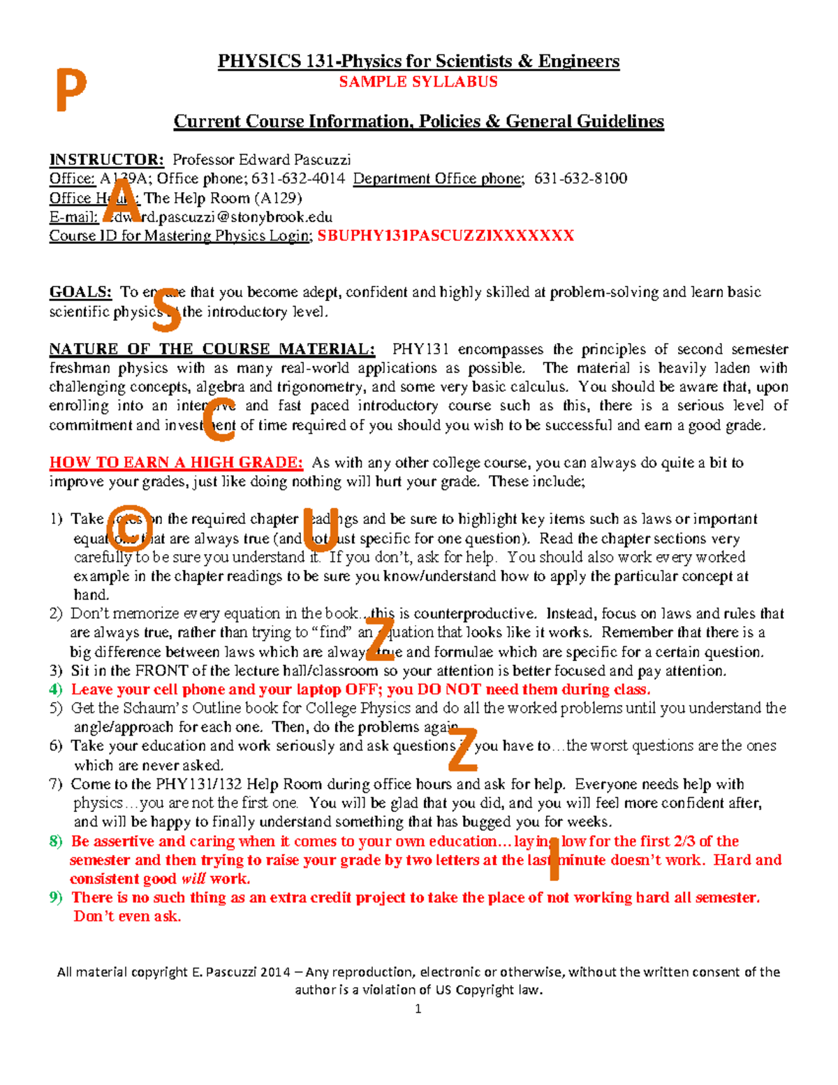 Sample PHY131 Syllabus - All material copyright E. Pascuzzi 2014 – Any ...