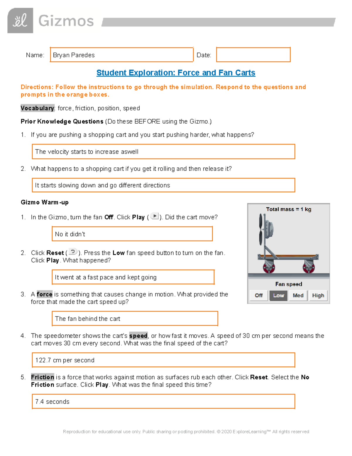 Force Fan Carts SE - Name: Bryan Paredes Date: Student Exploration ...