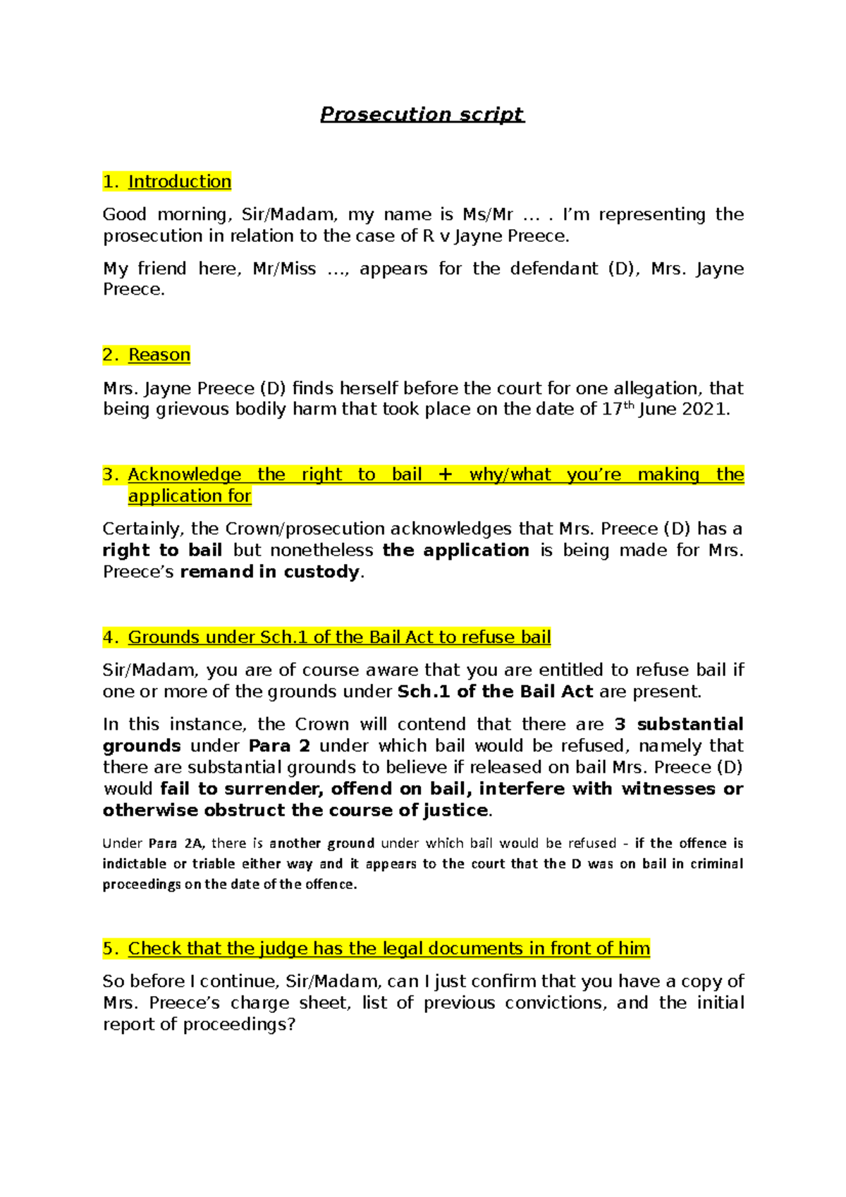 Prosecution script model - Advocacy - Prosecution script Introduction ...